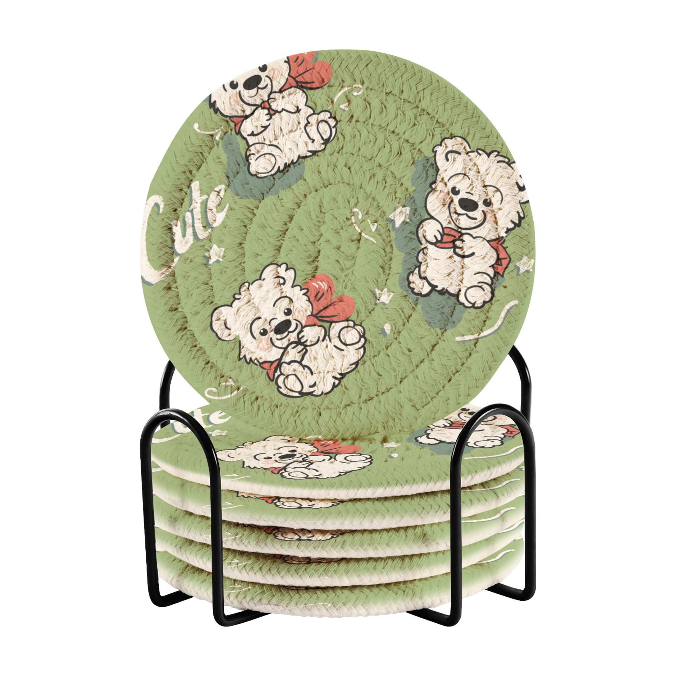 Cute White Bear Pattern Bar Coasters 6 Pack Braided Coasters with ...