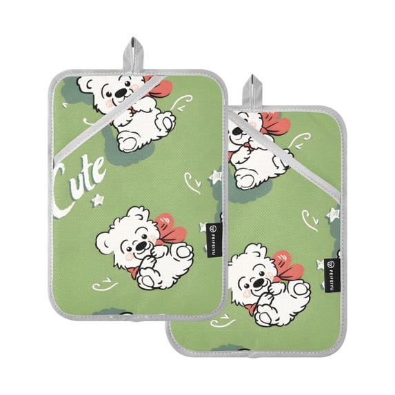 Cute White Bear on Green Background Pattern Pot Holder Set 2 Piece Non ...