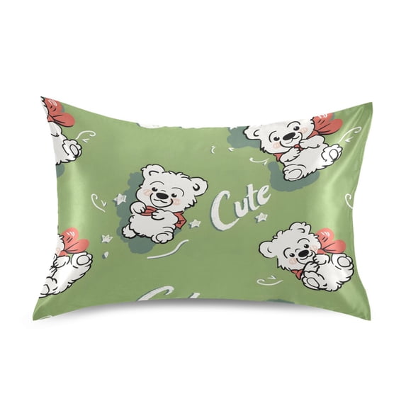 Cute White Bear on Green Background Pattern Queen Size Satin Pillowcase ...
