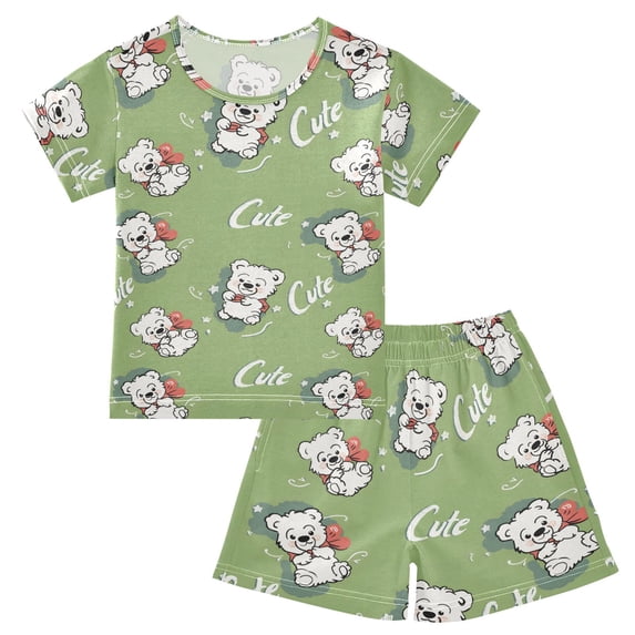 Cute White Bear on Green Background Pattern Summer Pajama Set Soft ...