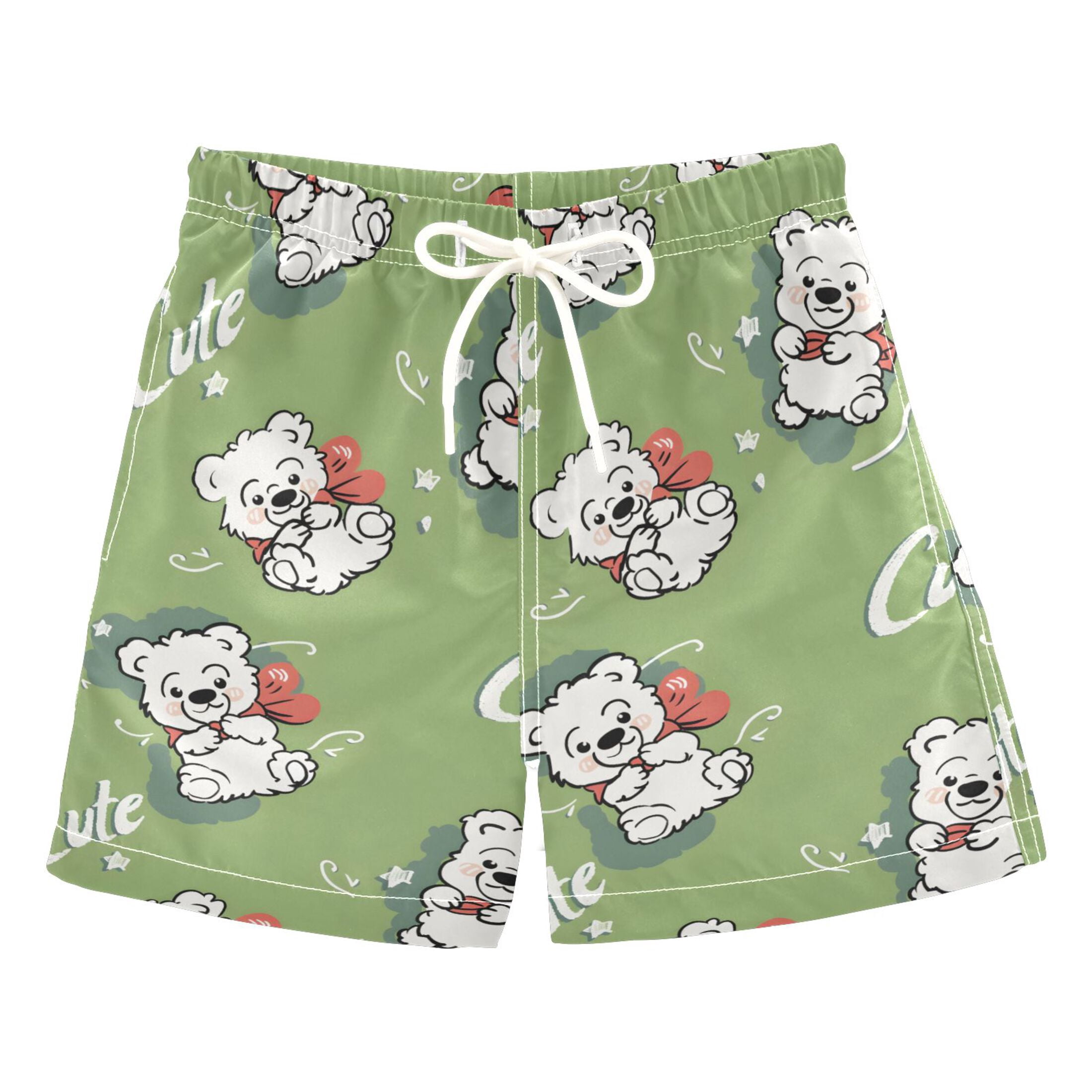 Cute White Bear on Green Background Pattern Swim Trunks Quick Dry Beach ...