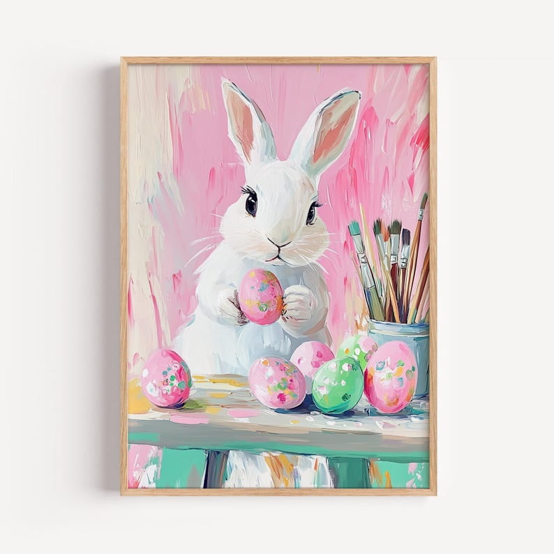 Cute White Bunny Painting Easter Eggs Pink Background Wall Art Poster ...