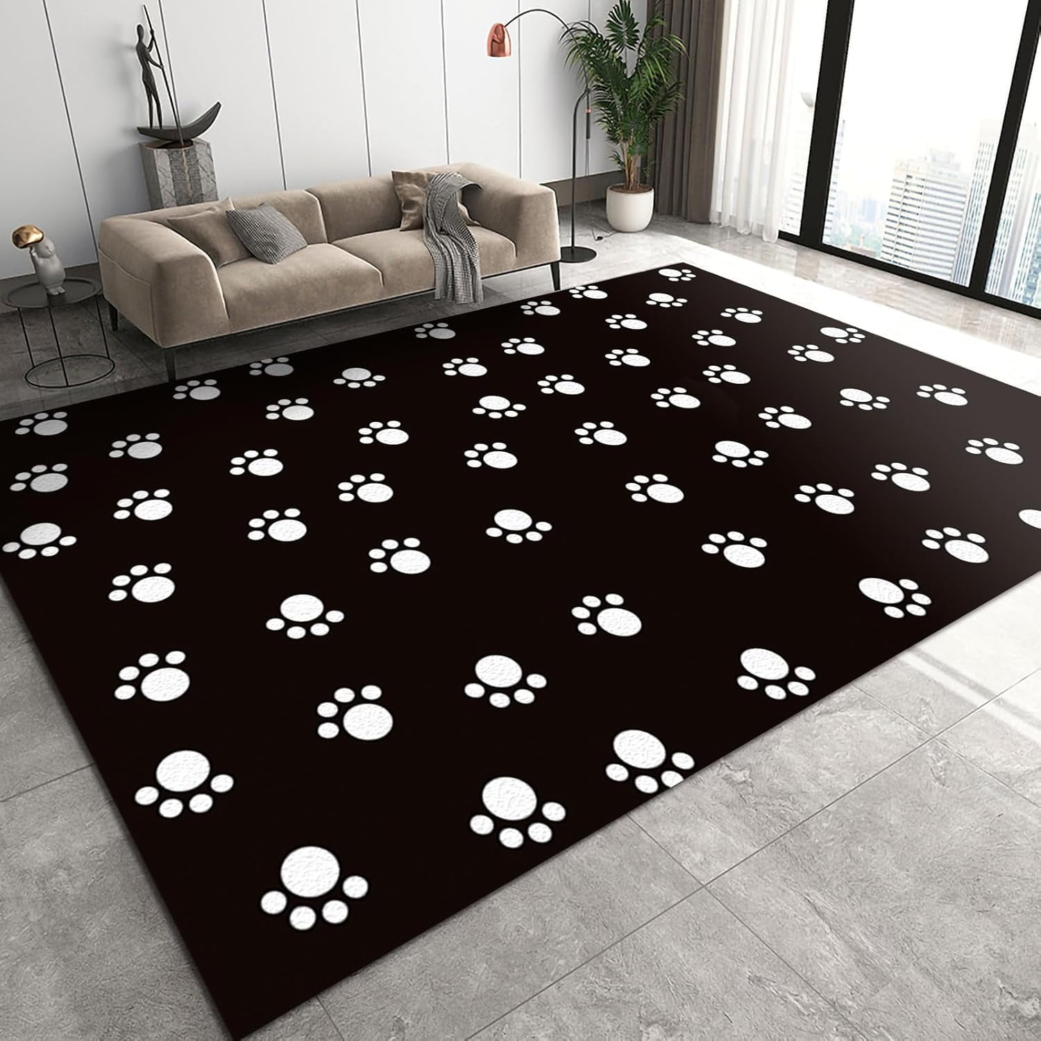 Cute White Cat Paw Pattern Area Rug, Black and White Simple Fashion ...