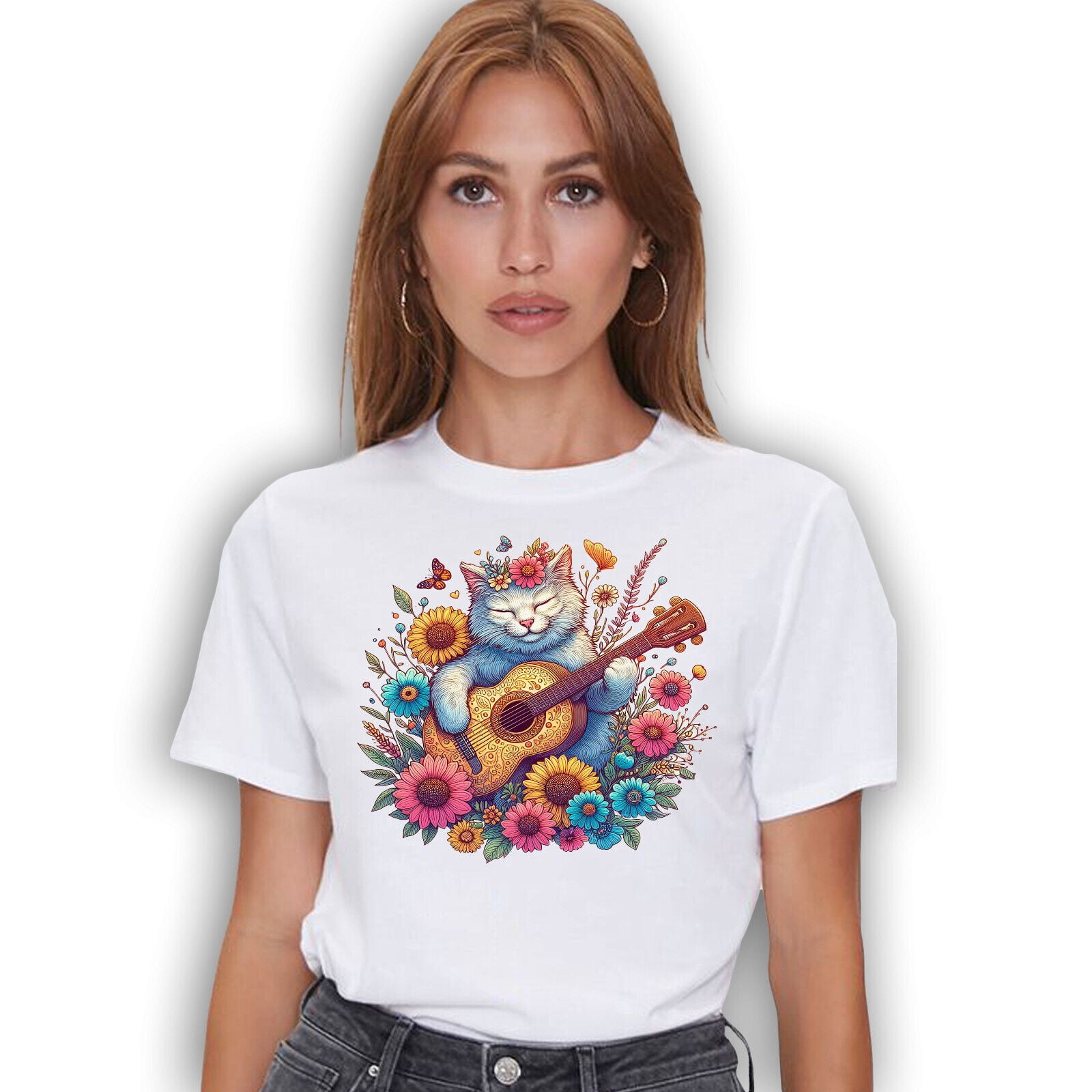 Cute White Cat Playing Guitar T-shirt- Flowers Nature Inspired Graphic ...