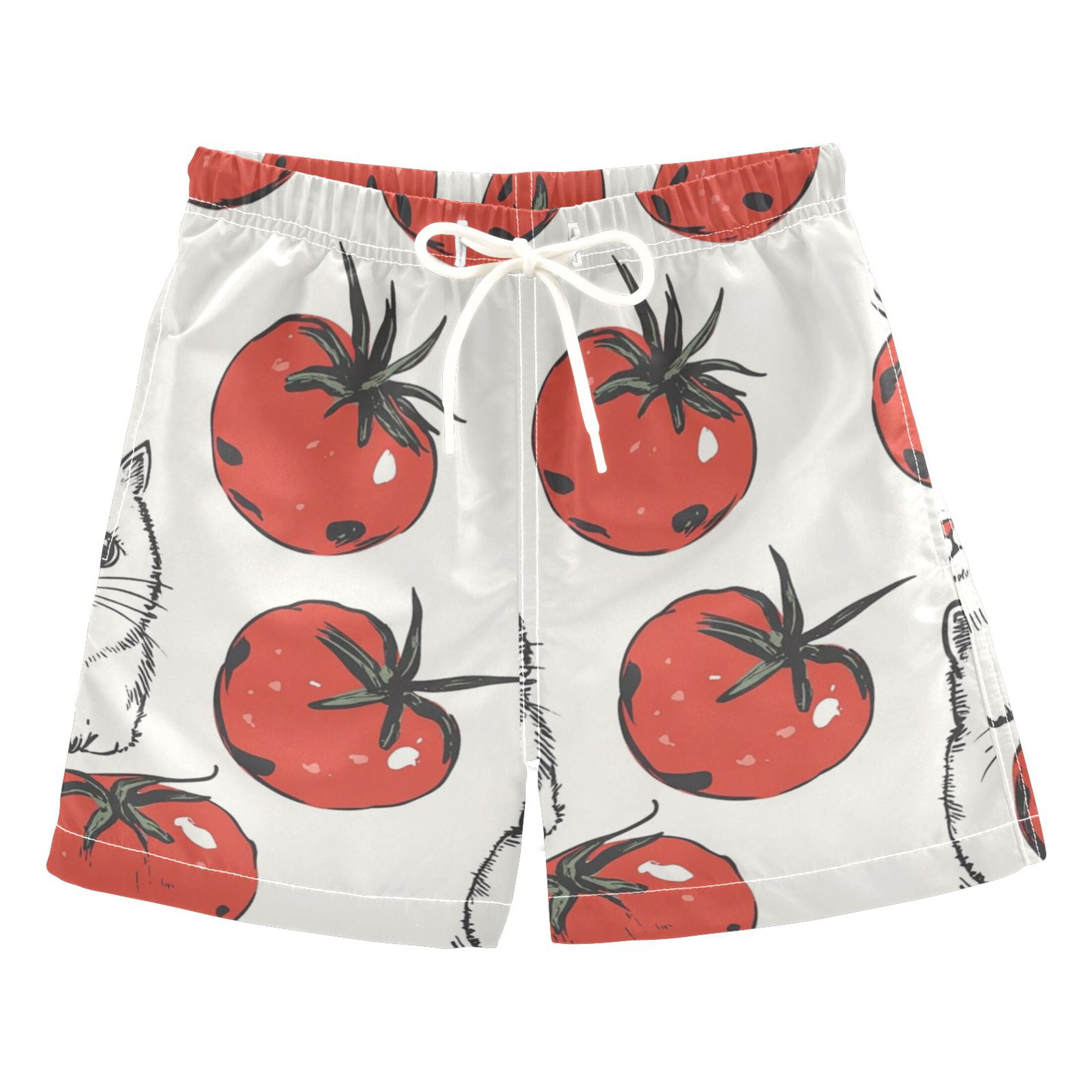 Cute White Cats and Tomatoes Boys' Swim Trunks Board Shorts Beach Pants Bathing Bottoms L ...