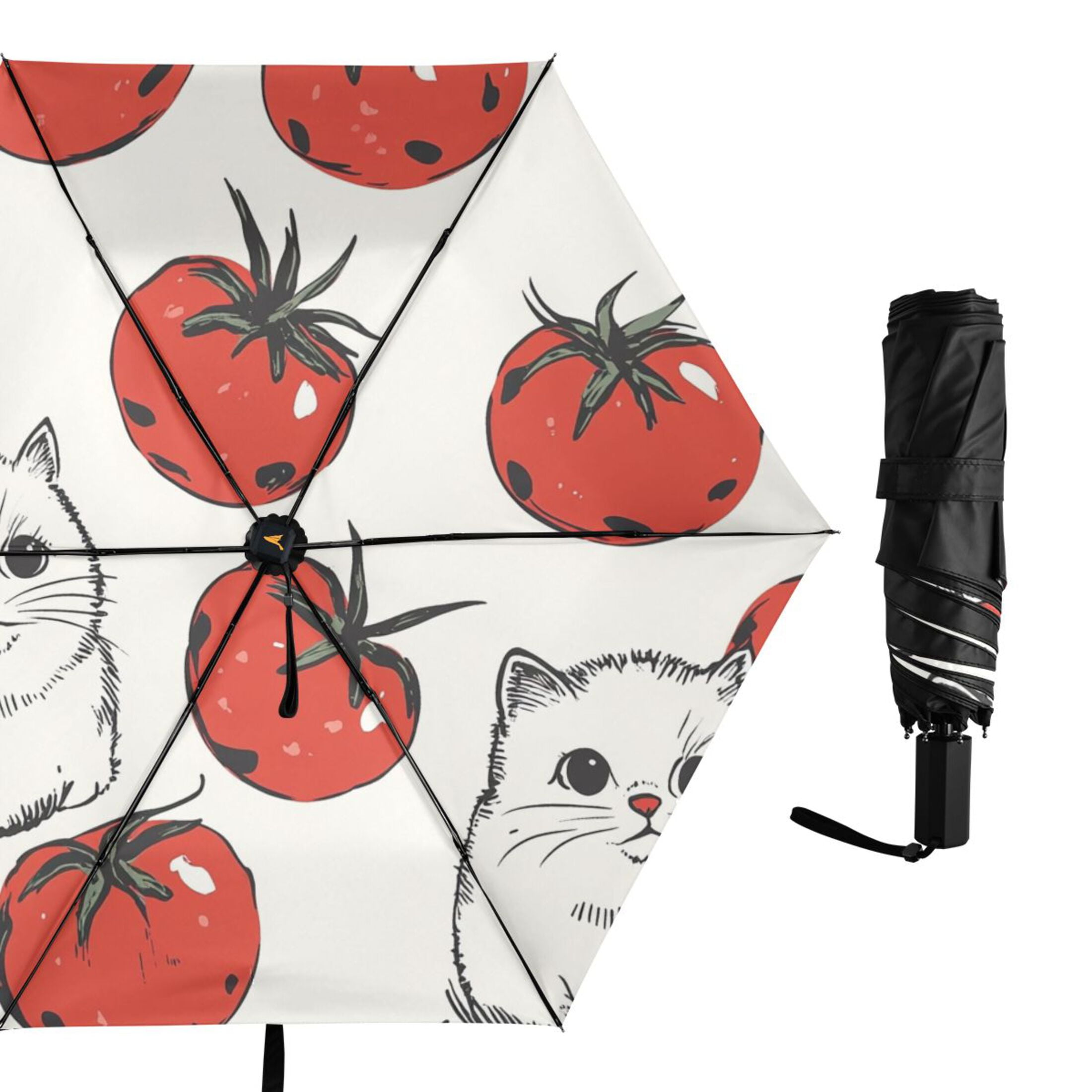 Cute White Cats and Tomatoes Triple Folding Umbrella Parasol 6 Ribs UV ...