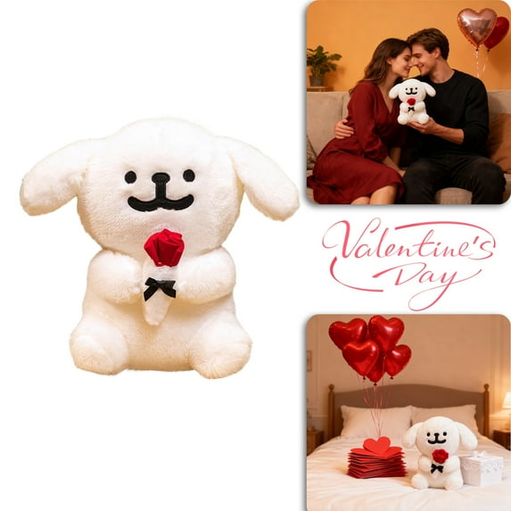 Cute White Line Puppy Plush – Stuffed Dog with Red Rose, Soft Huggable ...