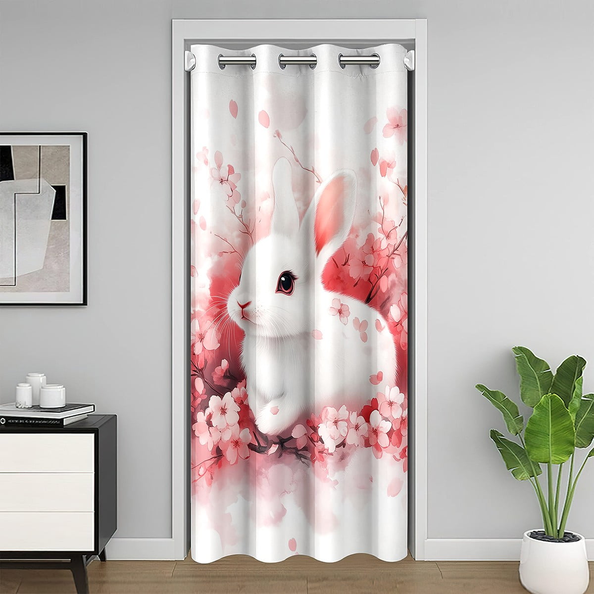 Cute White Rabbit Doorway Curtain 42" W X 80" L Watercolor Pink Cherry ...