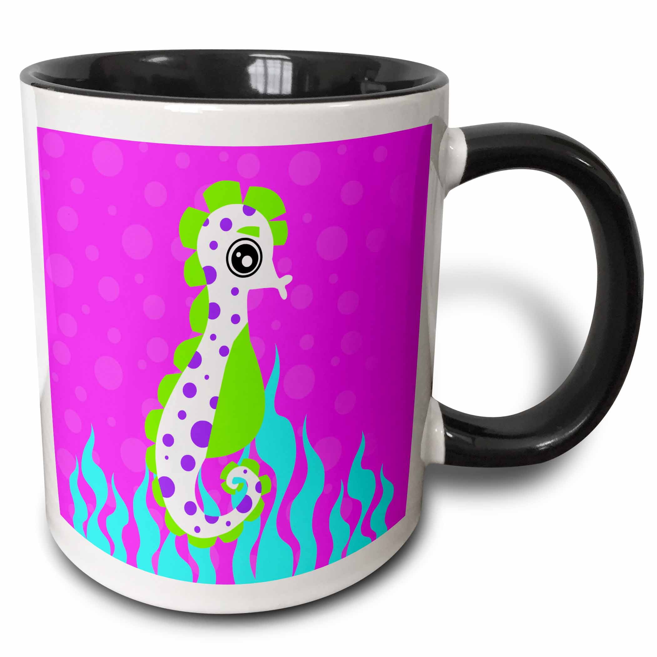 3drose, Cute White Seahorse and Blue Seaweed, 11oz Two-tone Black Mug ...