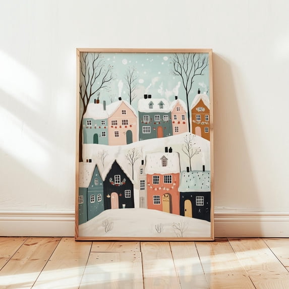 Cute Winter House Wall Art Pastel Seasonal Decor, Stretched Canvas Size ...
