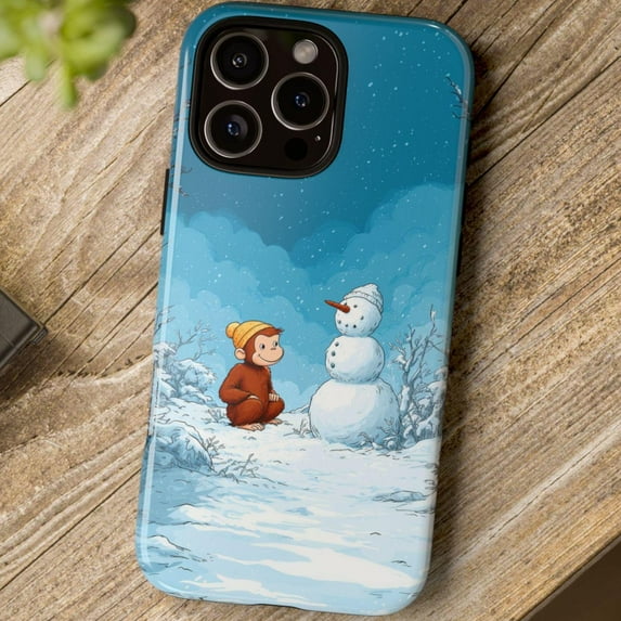 Cute Winter Snow Monkey Snowman Scene Phone Case for iPhone 17 16 15 14 ...