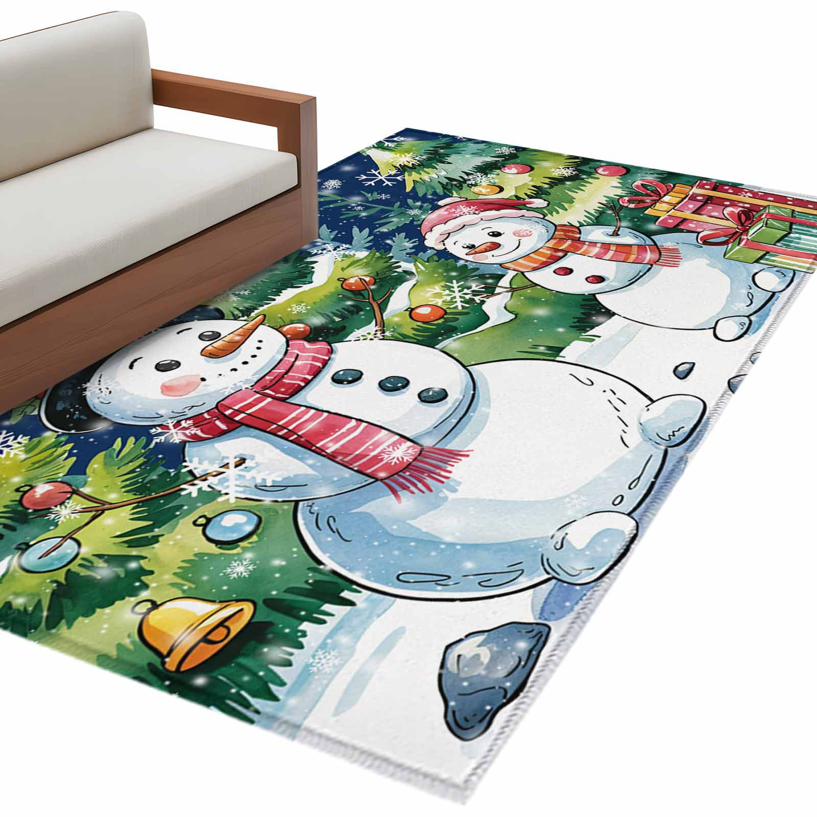 Cute Winter Snowman Area Rug 2.7x5ft Green Christmas Tree Snowflake ...