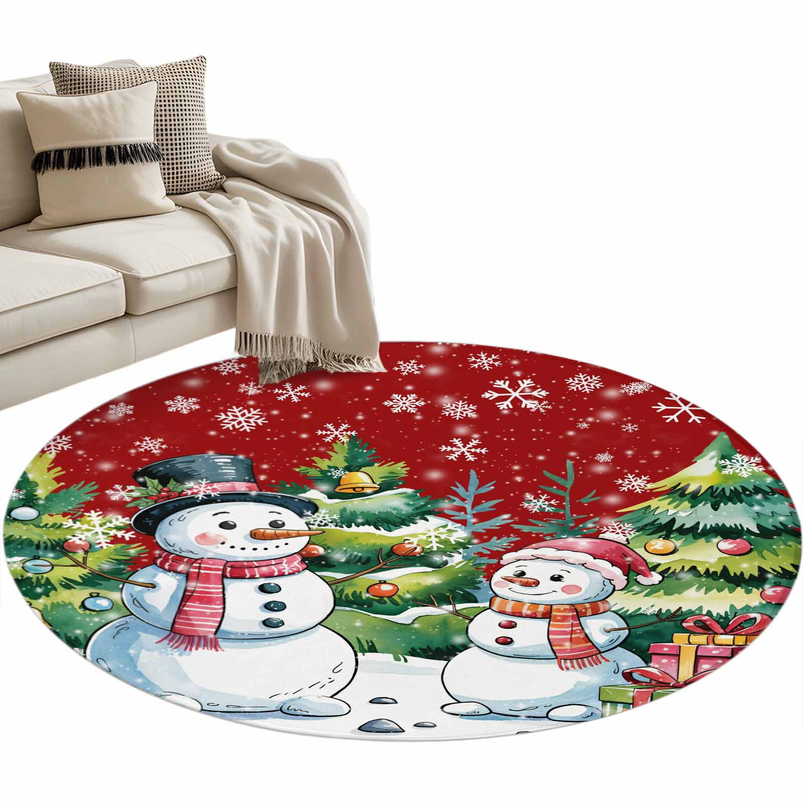 Cute Winter Snowman Round Area Rug 3ft Green Christmas Tree Snowflake ...