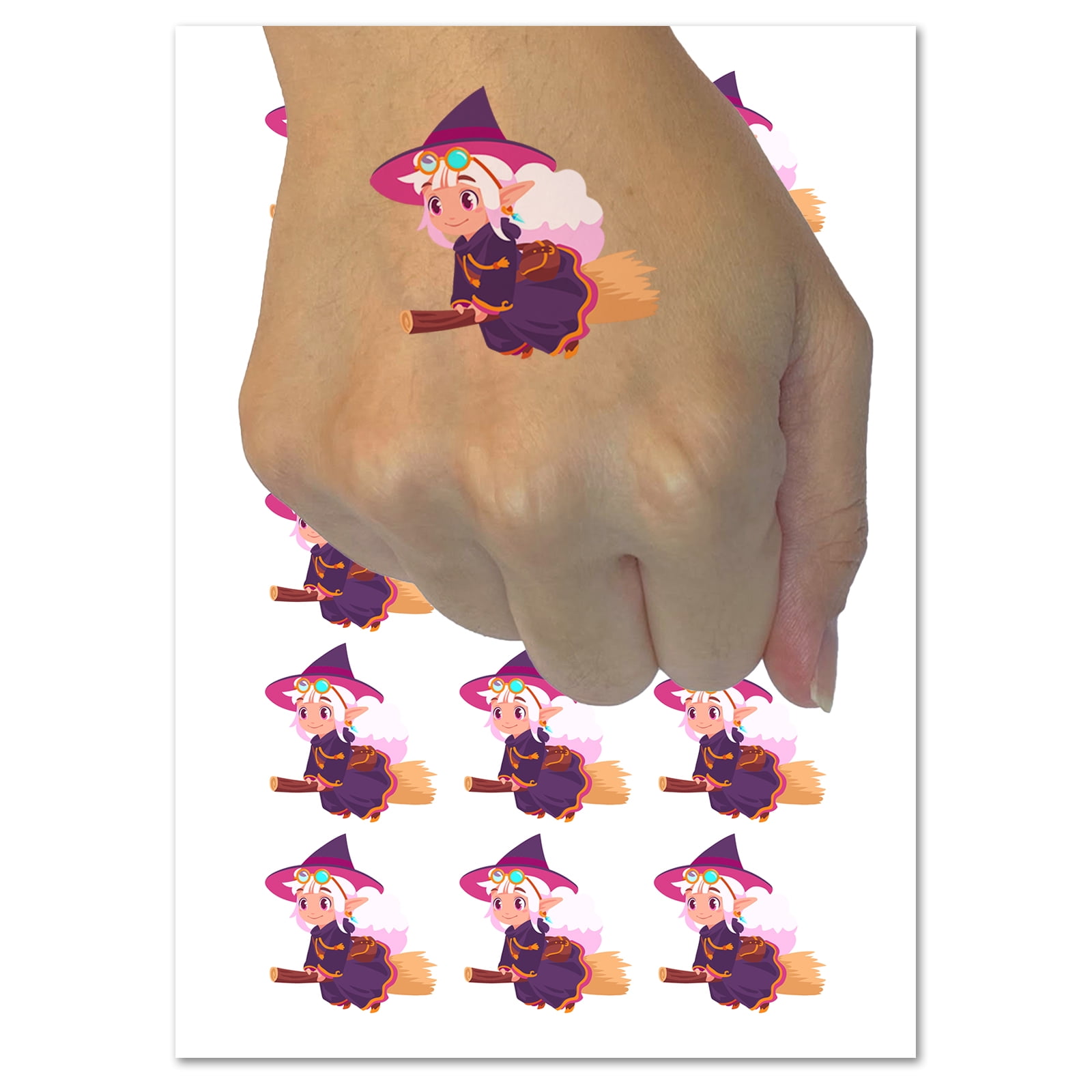 Cute Witch Floating on Broom Water Resistant Temporary Tattoo Set Fake ...