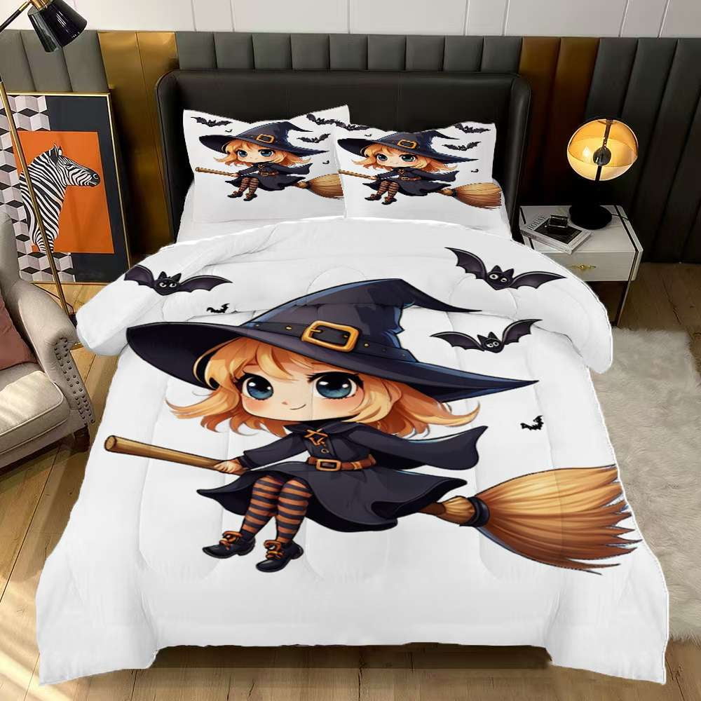 Cute Witch Flying Broomstick Comforter Set Queen Size Bedding Set For ...
