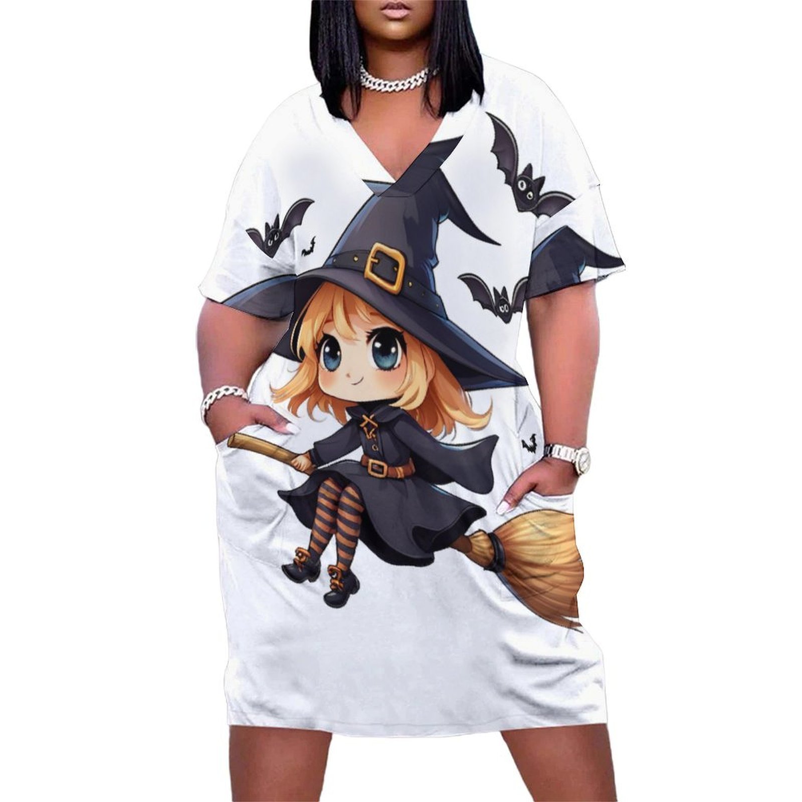 Cute Witch Flying Broomstick Loose Pocket Dress Dresses Summer Summer ...