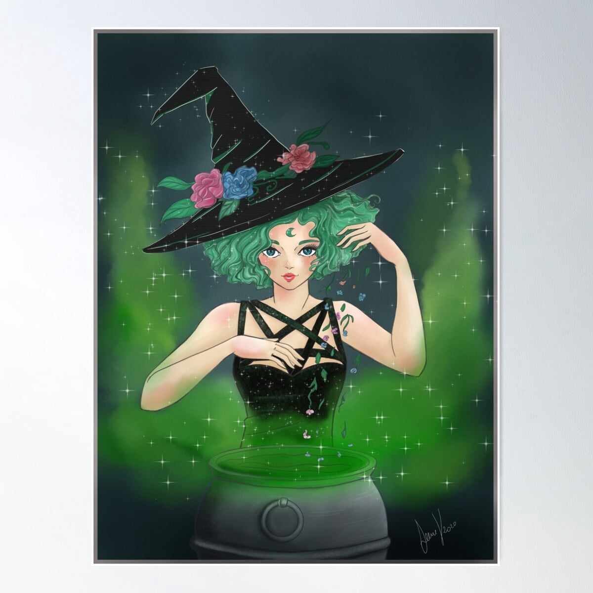 Cute Witch Green Hair Magic Spell Poster Wall Art, Modern Wall Decor ...
