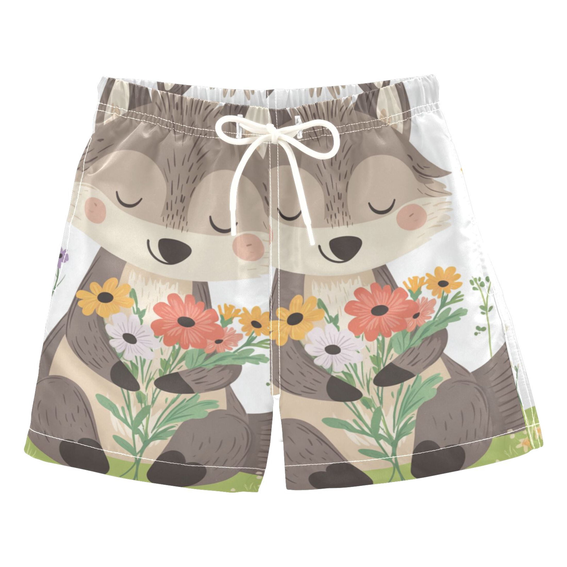 Cute Wolf Hug Flowers Boys' Swim Trunks Board Shorts Beach Pants ...