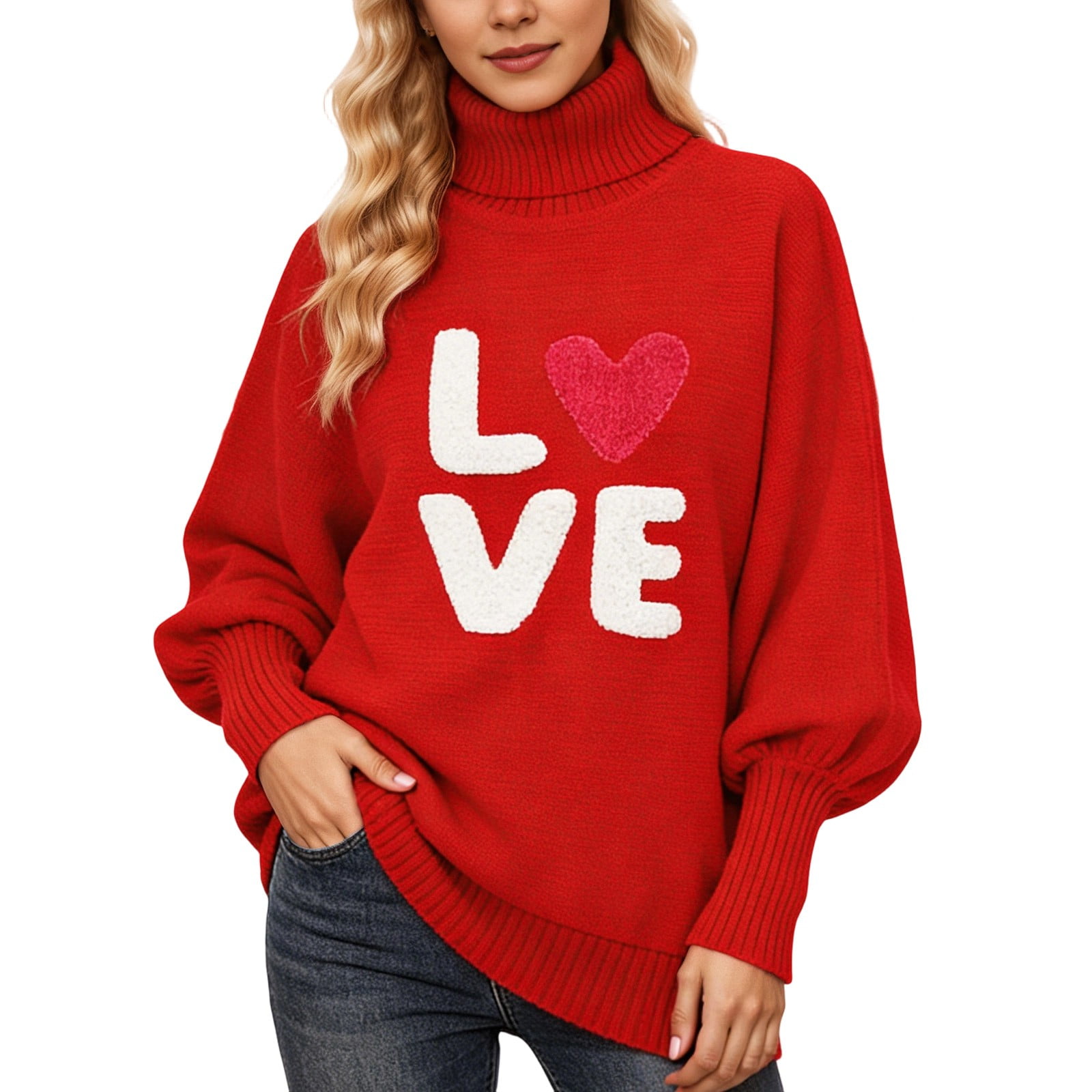 Cute Women Sweater Batwing Sleeve Turtleneck Ribbed Knitted Letter ...