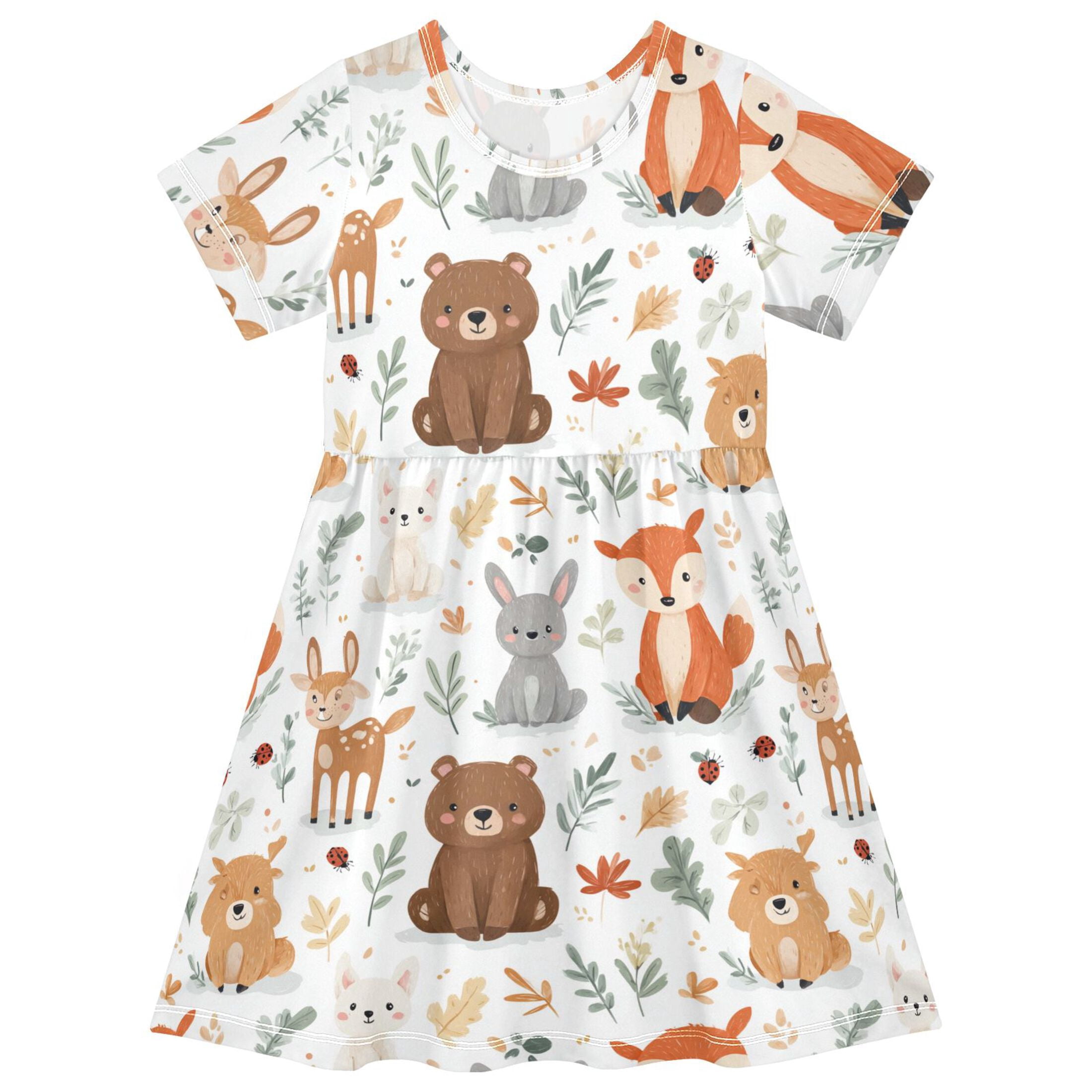 Cute Woodland Animals Short Sleeve Dress A-Line Cute Midi Casual ...