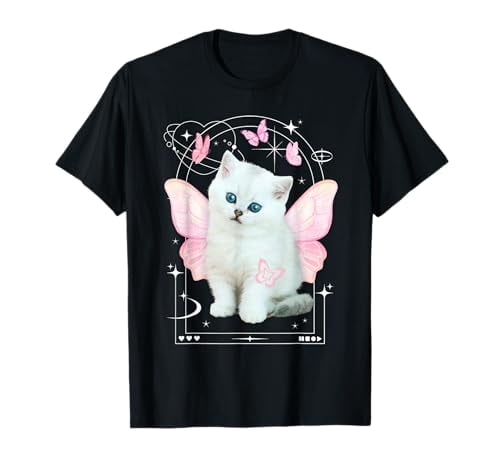 Cute Y2K Aesthetic Cat with Butterfly Wings Graphic T-Shirt for Trendy ...