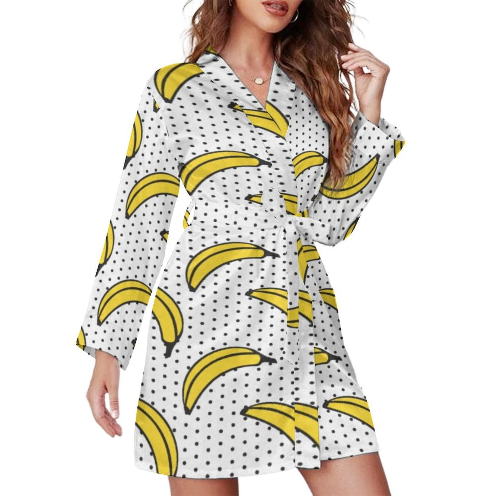 Cute Yellow Banana Night Robe Long Sleeve V Neck Robe With Belt Women's ...