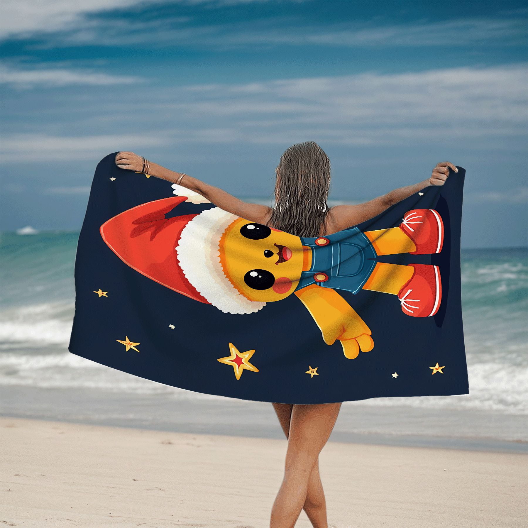 Cute Yellow Bear in Santa Hat & Blue Pattern Beach Towel - Perfect for ...