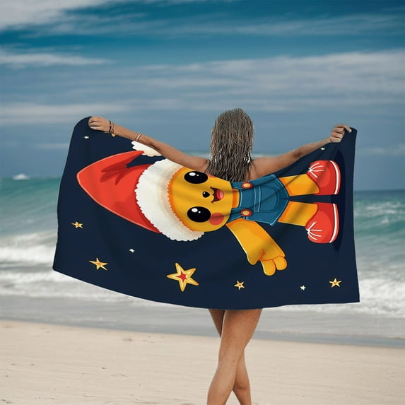 Cute Yellow Bear in Santa Hat & Blue Pattern Beach Towel - Perfect for ...
