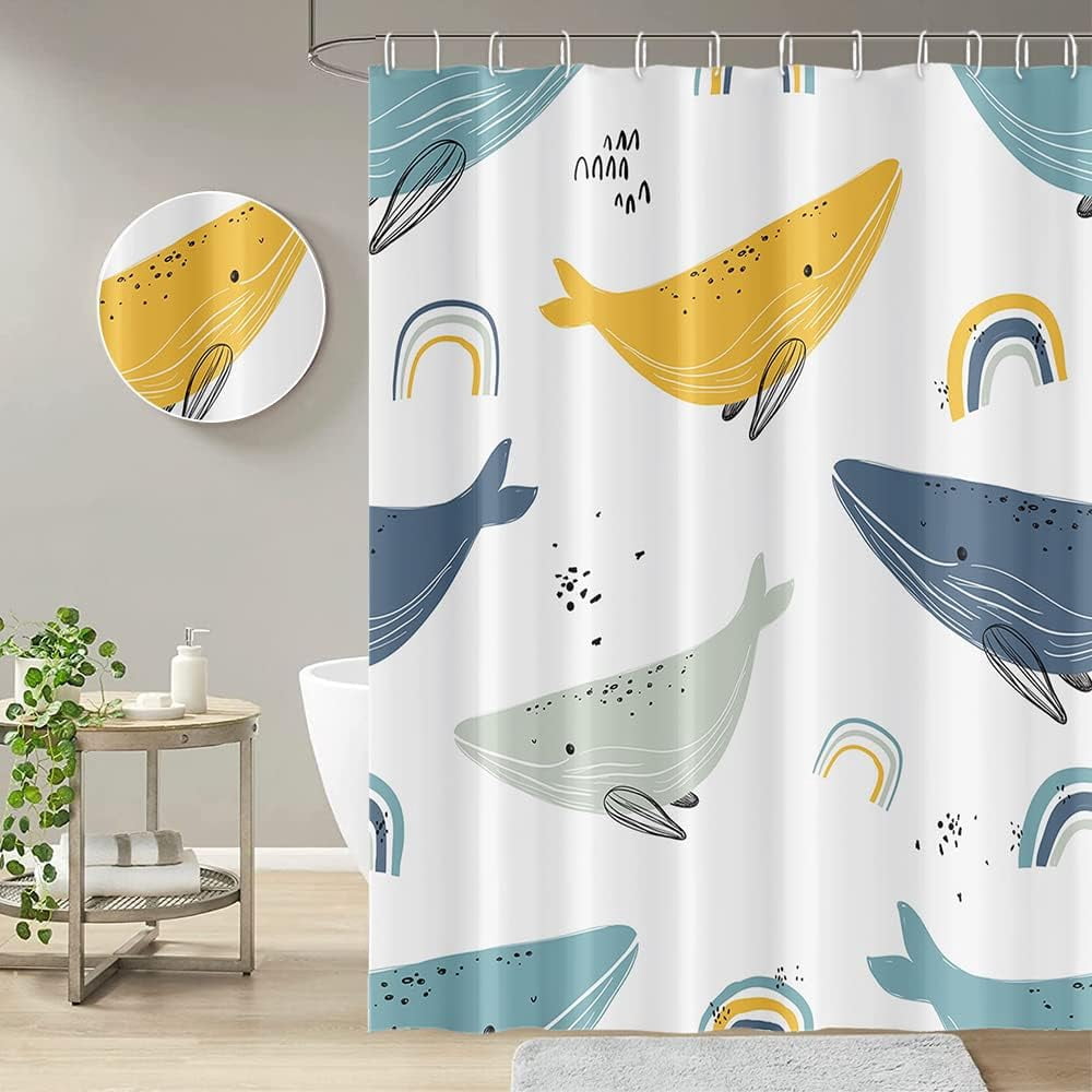 Cute Yellow Blue Dolphins Fabric Stall Shower Curtains Sea Animals ...