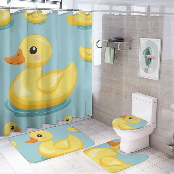 Cute Yellow Duck (6) Shower Curtain Set 4PCs with Hooks Waterproof ...