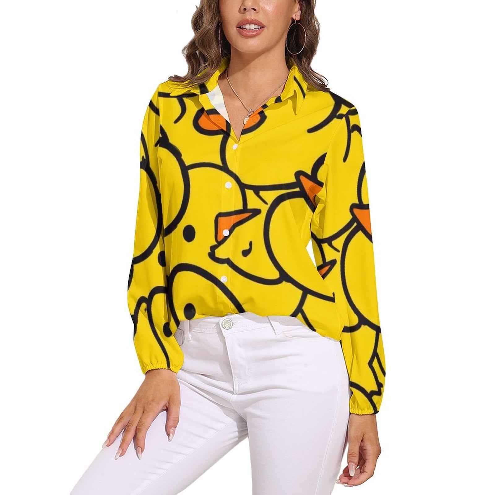 Cute Yellow Duck Pattern-1 Vntage Casual Long Sleeve Shirt Blouse Woman ...