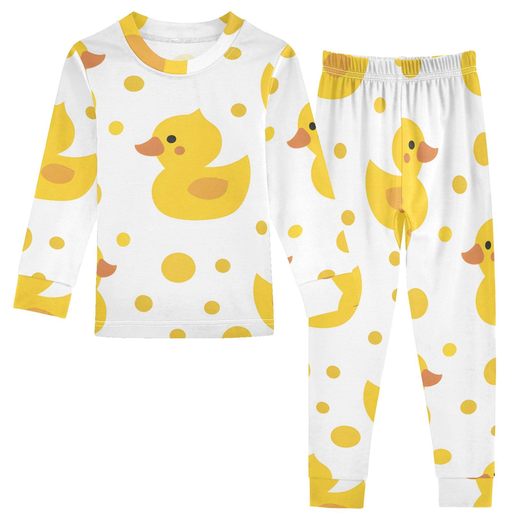 Cute Yellow Ducks Dots Cartoon Cotton Pajama Set Long Sleeve Top and ...