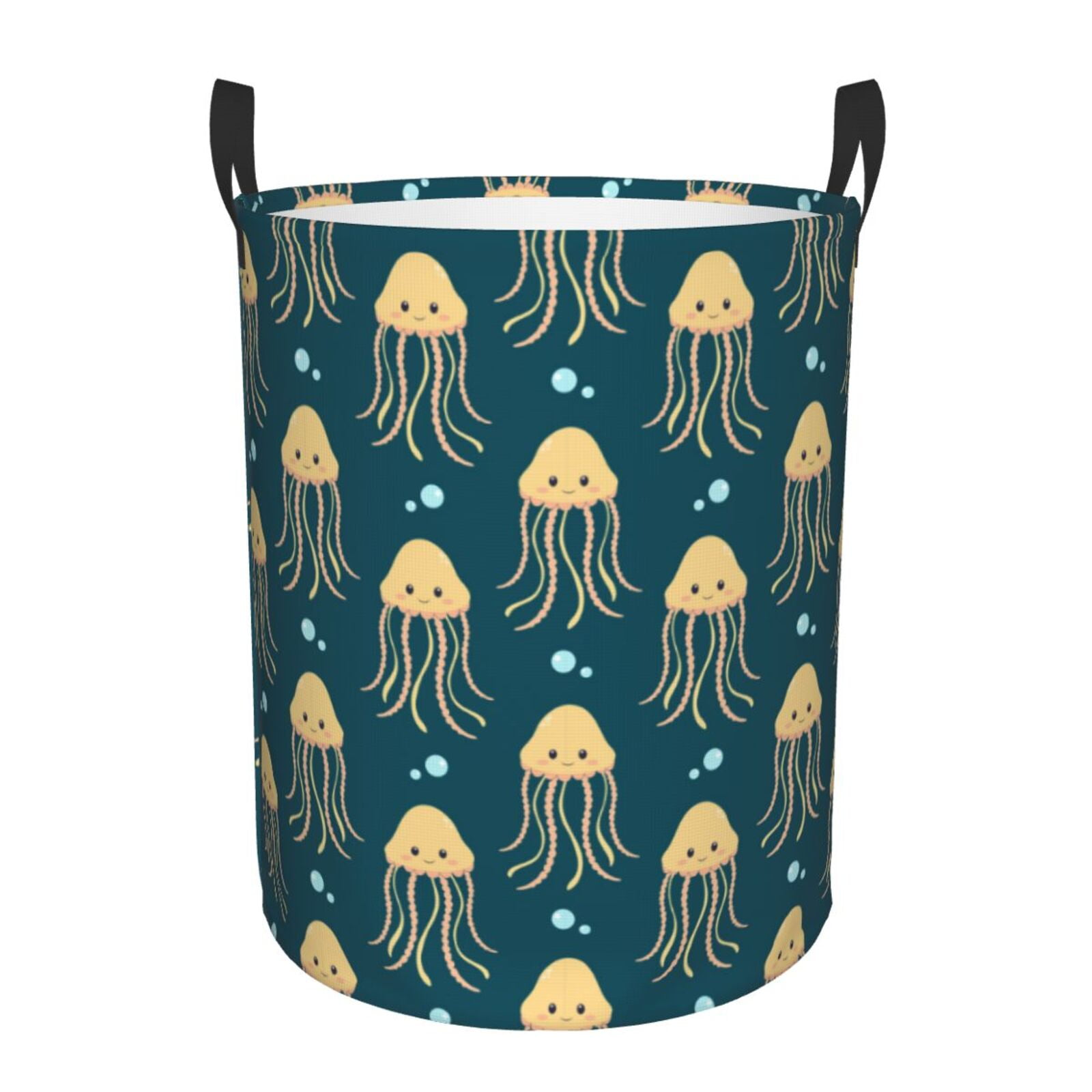 Cute Yellow Jellyfish Round Laundry Basket, Laundry Hamper with Handle ...