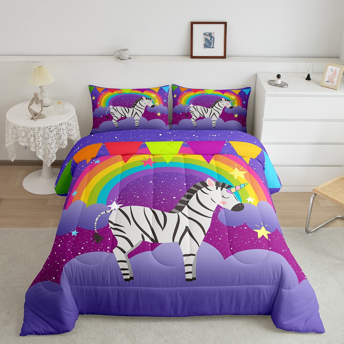Cute Zebra Bedding Sets Galaxy Glitter Stars Cartoon Rainbow Comforter ...
