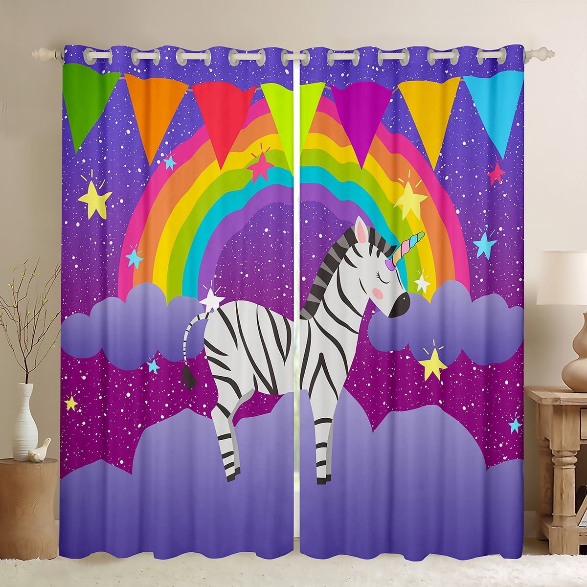 Cute Zebra Curtains Galaxy Glitter Stars Cartoon Rainbow Blackout ...