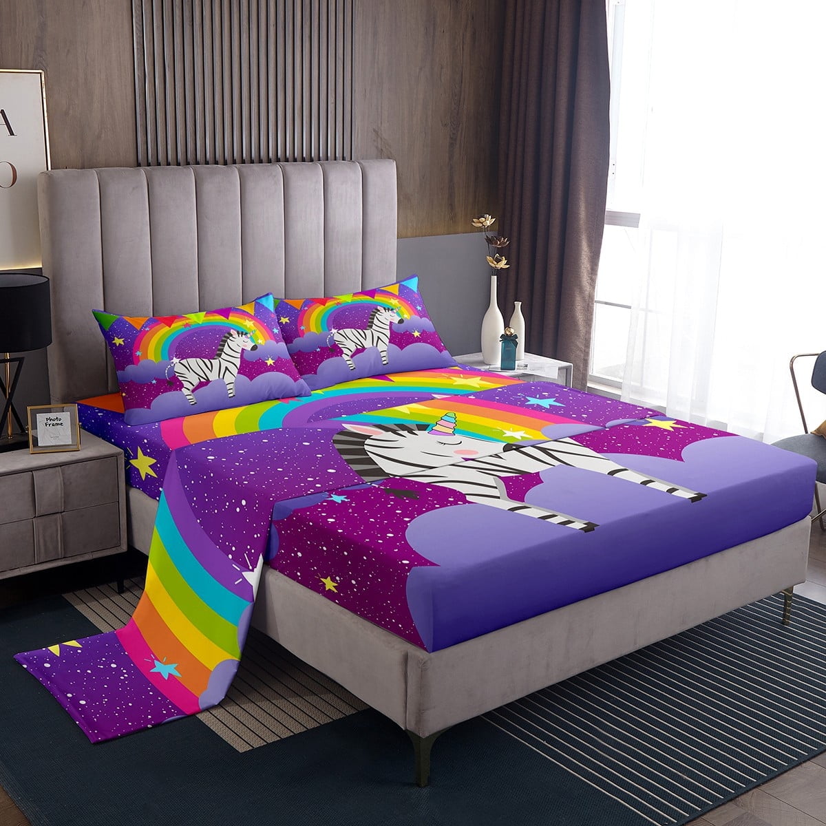 Cute Zebra Sheet Set Galaxy Glitter Stars Cartoon Rainbow Bed Sheets ...