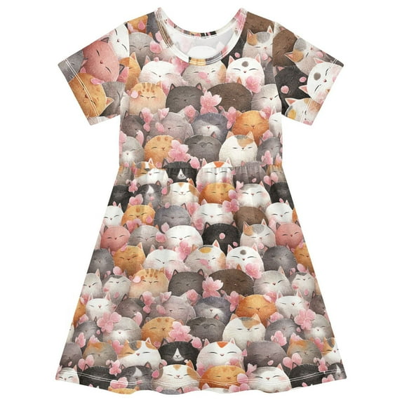 Cute and Funny Cat Short Sleeve Dress A-Line Cute Midi Casual Sundress ...