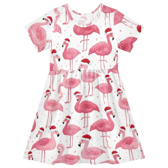 Cute and Lively Flamingos Short Sleeve Dress A-Line Cute Midi Casual ...