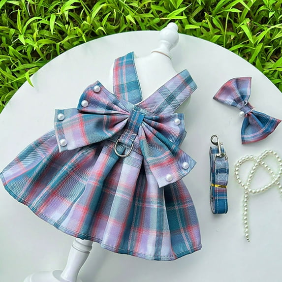 Cute and Stylish Plaid Print Dog Harness Dress with Bow Knot for Small ...