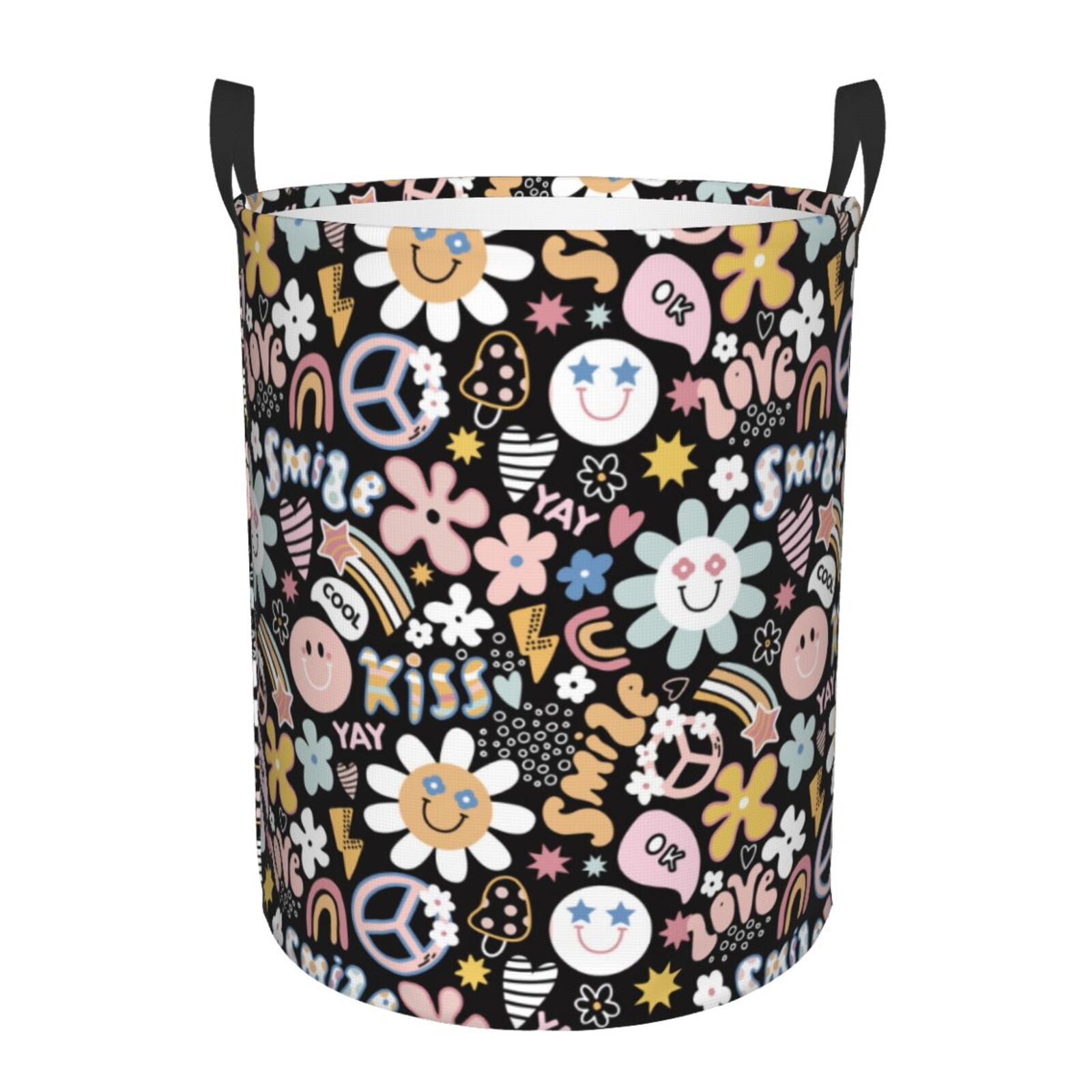 Cute cartoon flowers Round Laundry Basket, Laundry Hamper with Handle ...