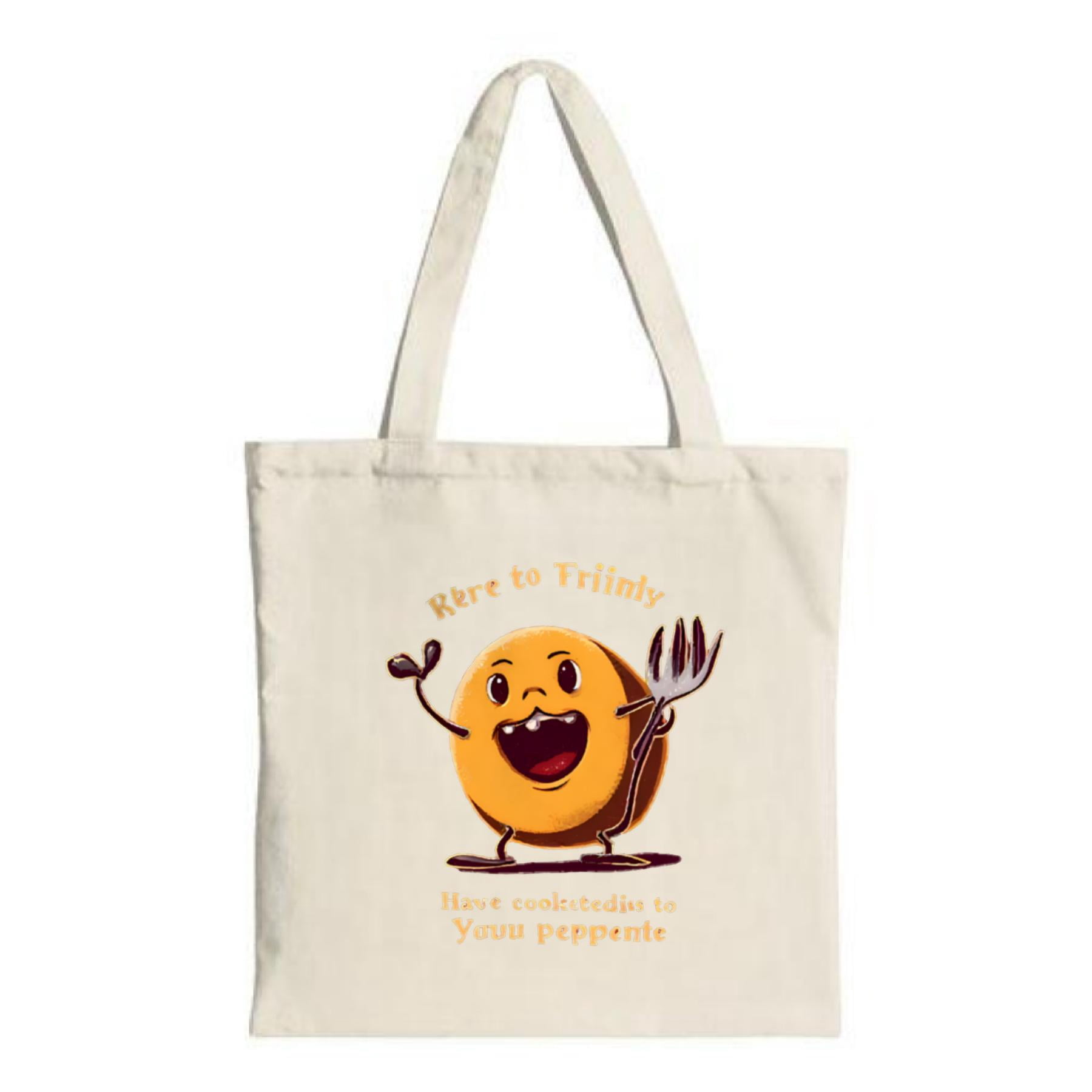 Cute cartoon tote bag featuring a round smiling character with a fork ...