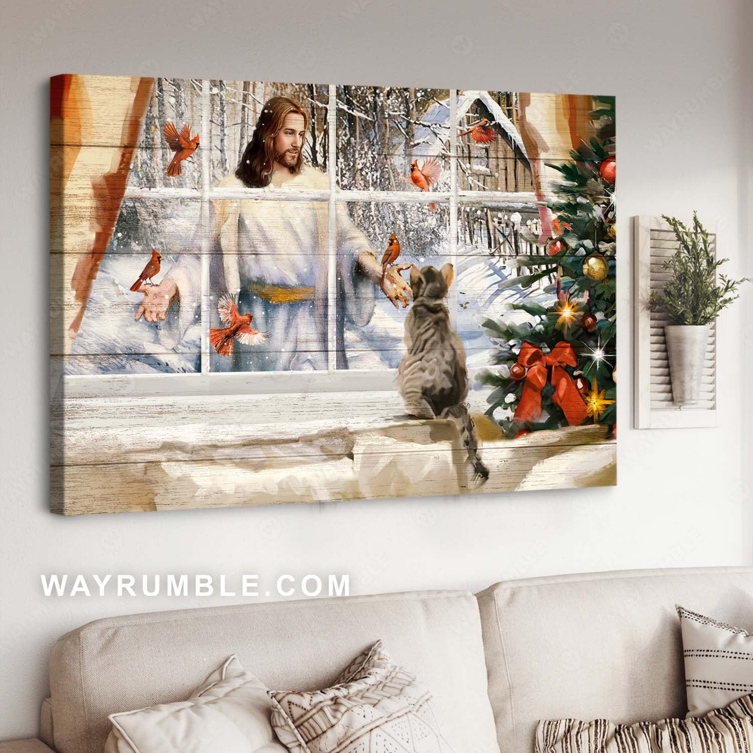 Cute cat, Christmas tree, Red cardinal, Beautiful Jesus painting ...