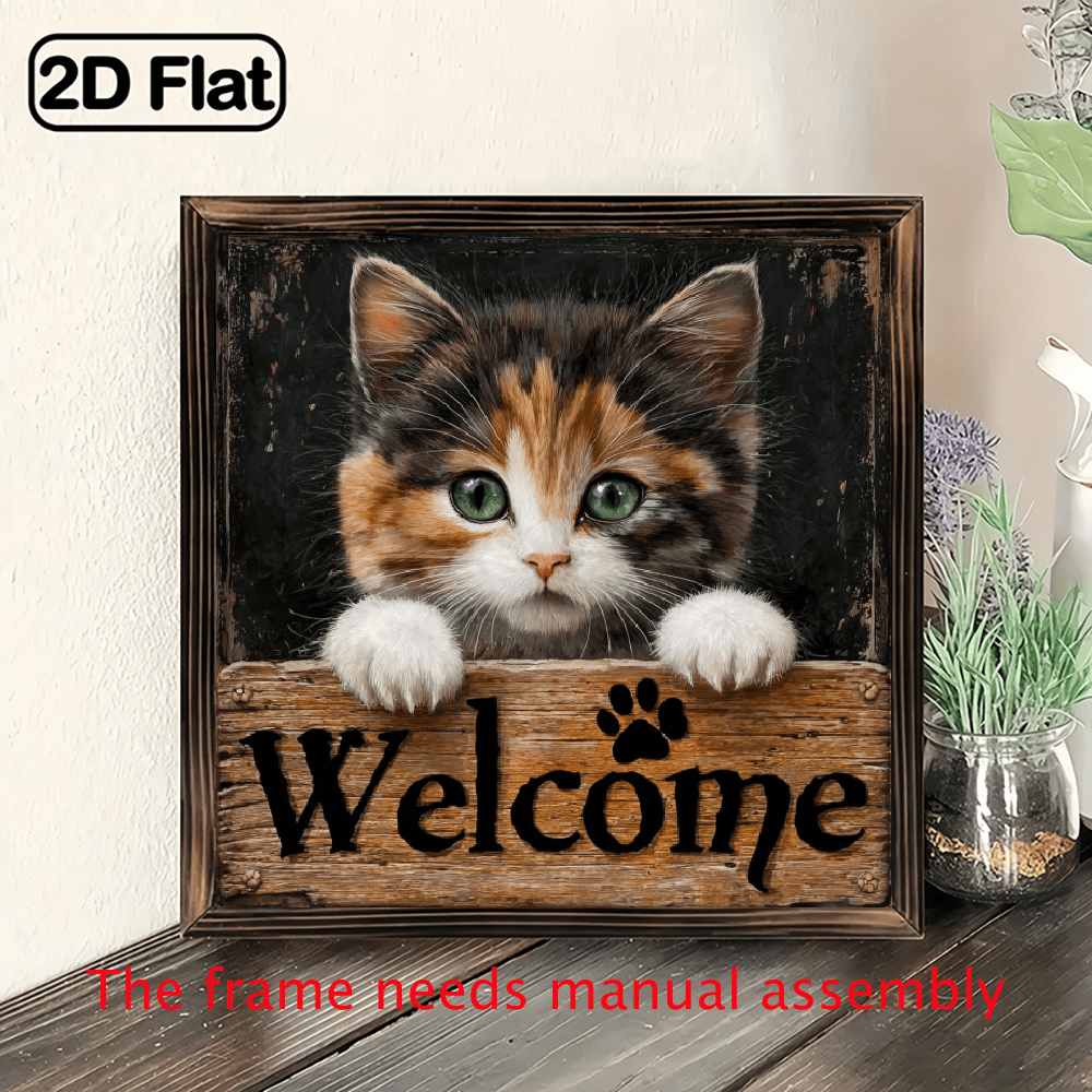Cute cat Welcome Sign - 8x8 Inch Recycled Wood Framed Wall Art with Paw ...