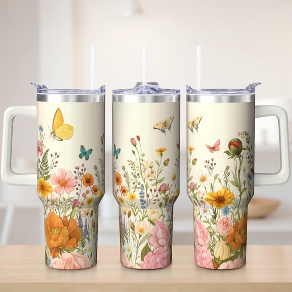 Cute flowers tumbler 40 oz tumbler with handle and straw 304 stainless ...