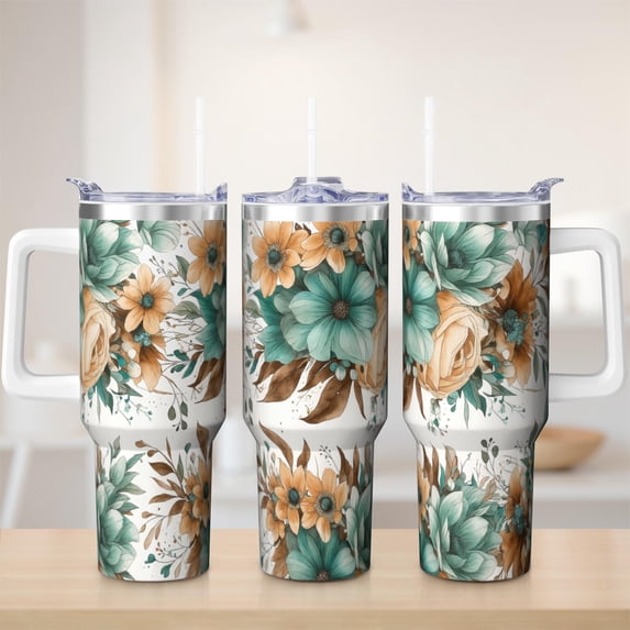 Cute flowers tumbler 40 oz tumbler with handle and straw 304 stainless ...