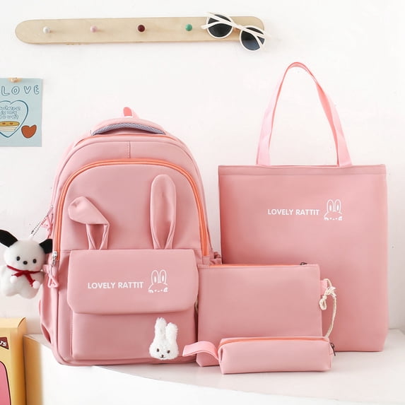 Cute large-capacity backpack with bunny ears, casual four-piece set ...