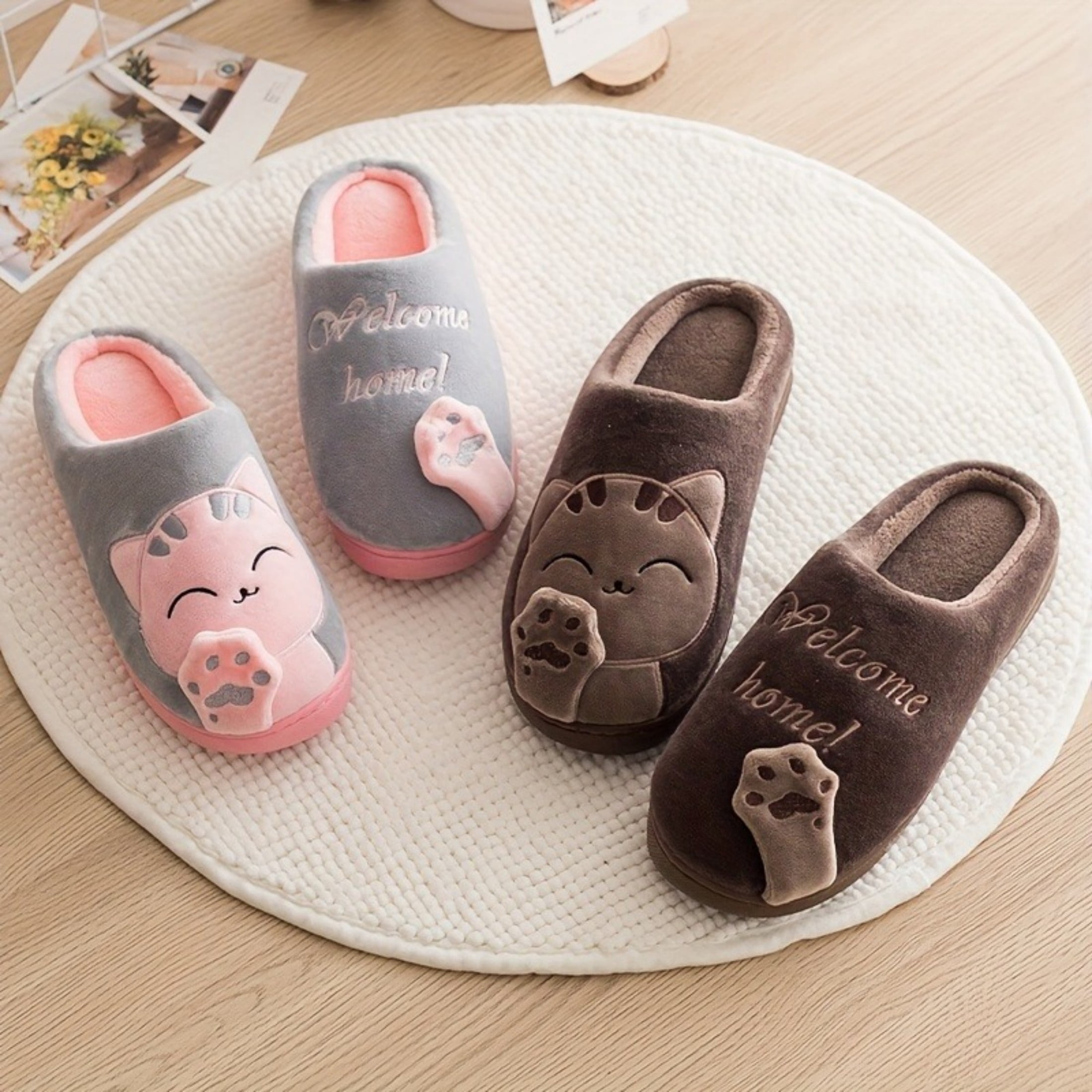 Cute plush cat slippers for men and women, fun animal home slippers ...