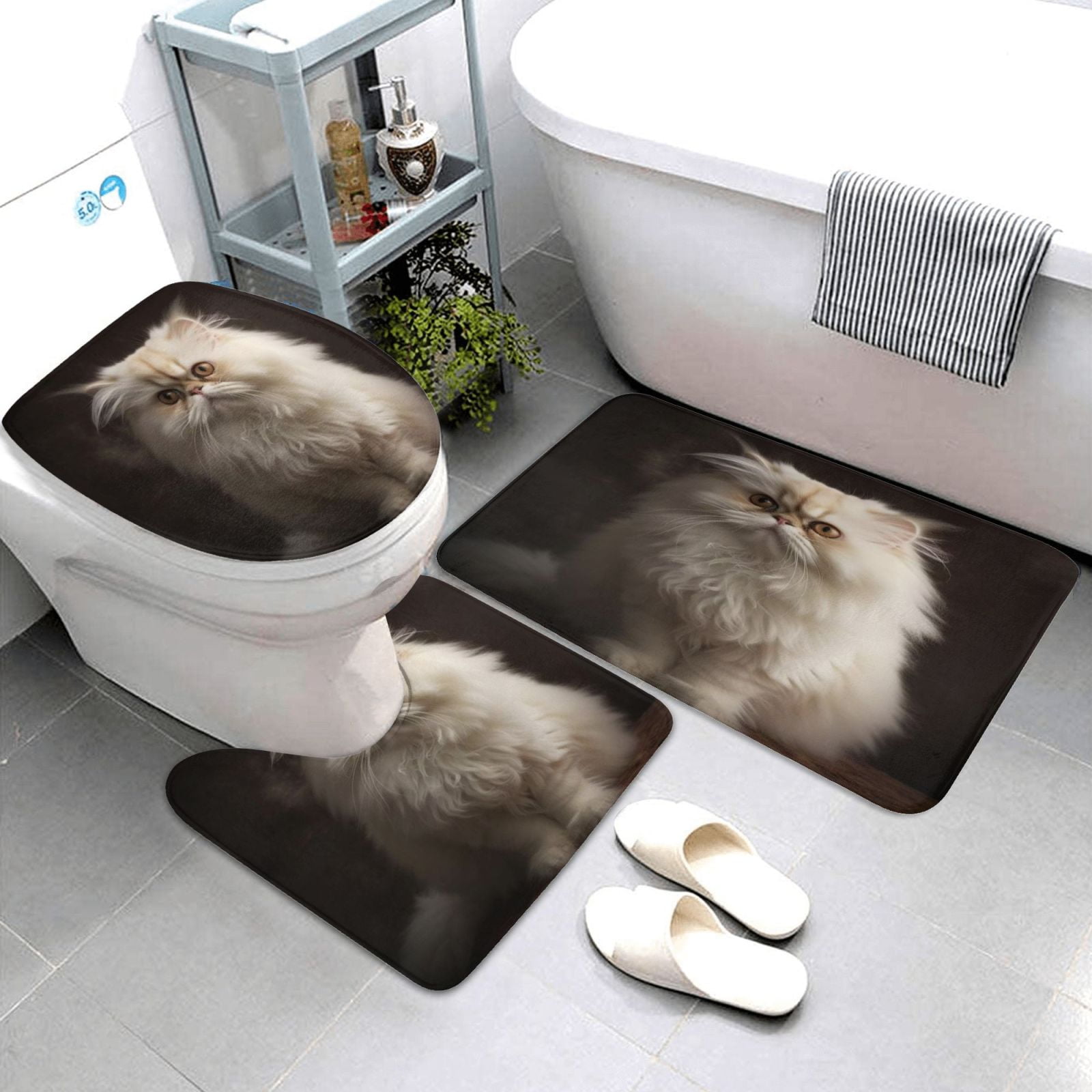Cute white cat Bath Mat Set 3 Piece Non Slip Rug Toilet Lid Cover ...