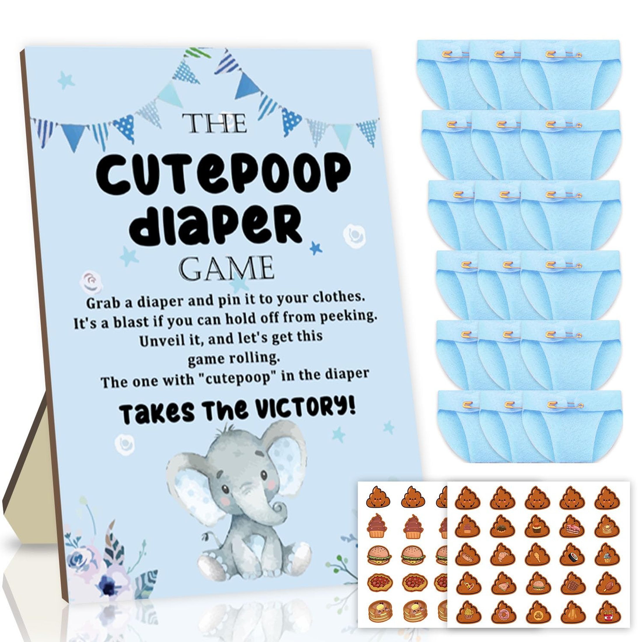 CutePoop Diaper Game Set for Baby Showers - Fun Elephant Theme with 50 ...