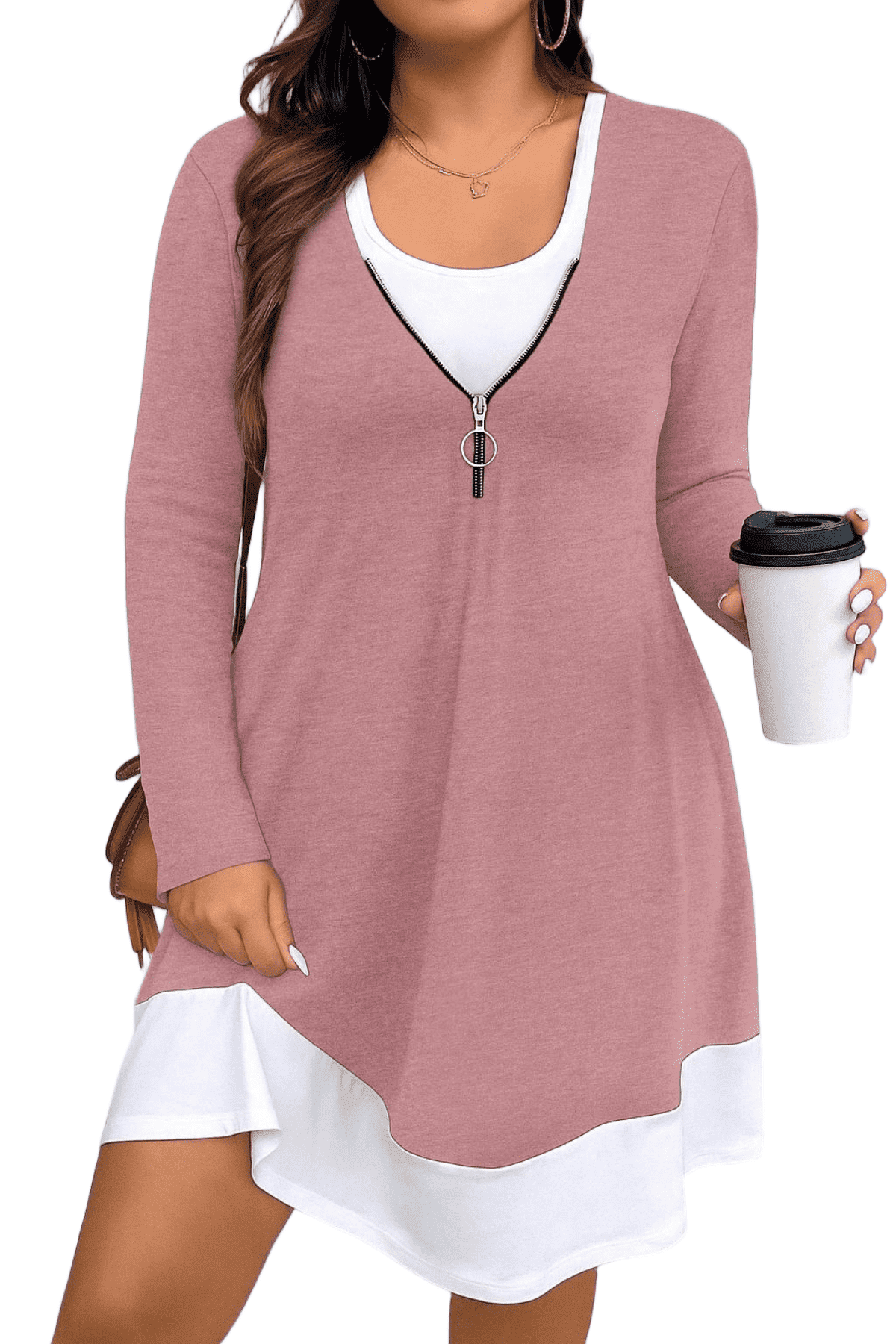 Cuteduck Plus Size Women’s Long Sleeve V-Neck Zipper Dress Autumn ...